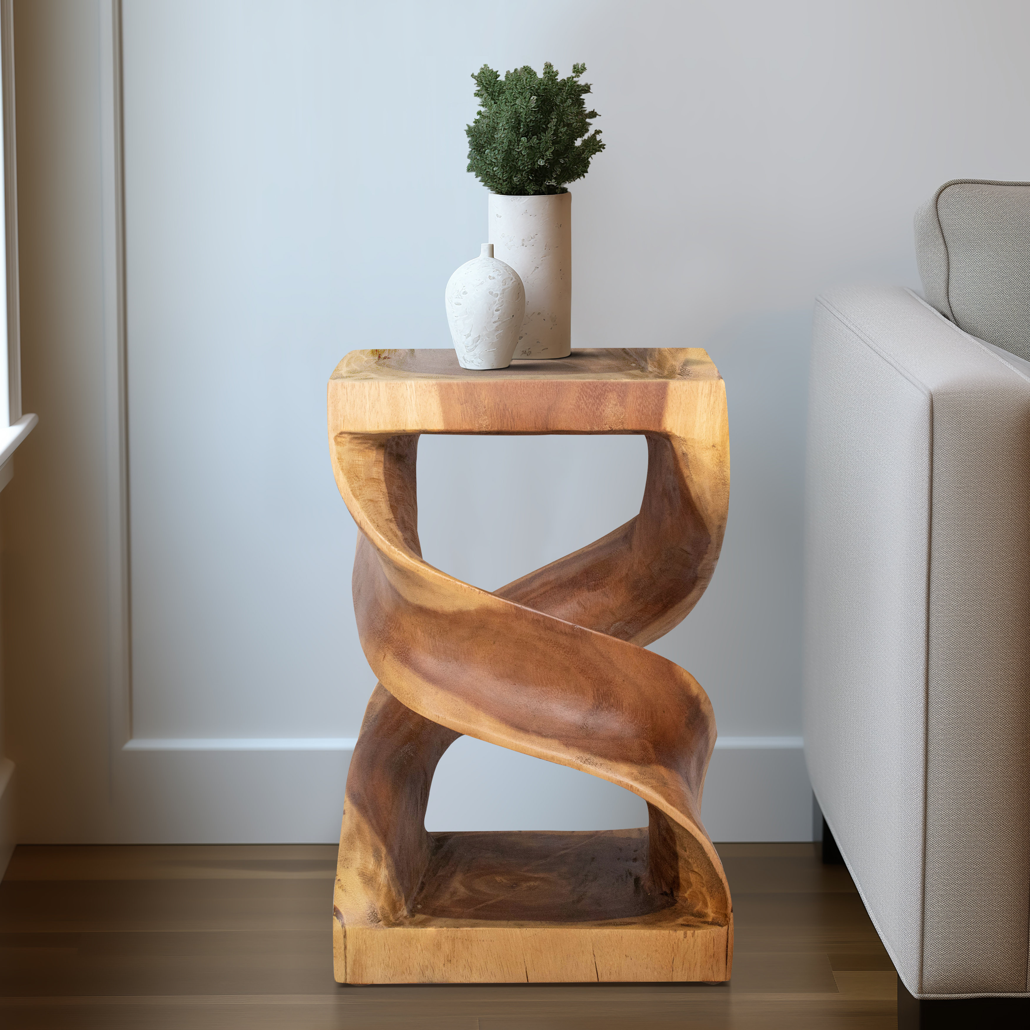 Loon Peak Haddou Hand-Carved Suar Wood Twist Accent Table - 18" Brown Side Table for Living Room ...